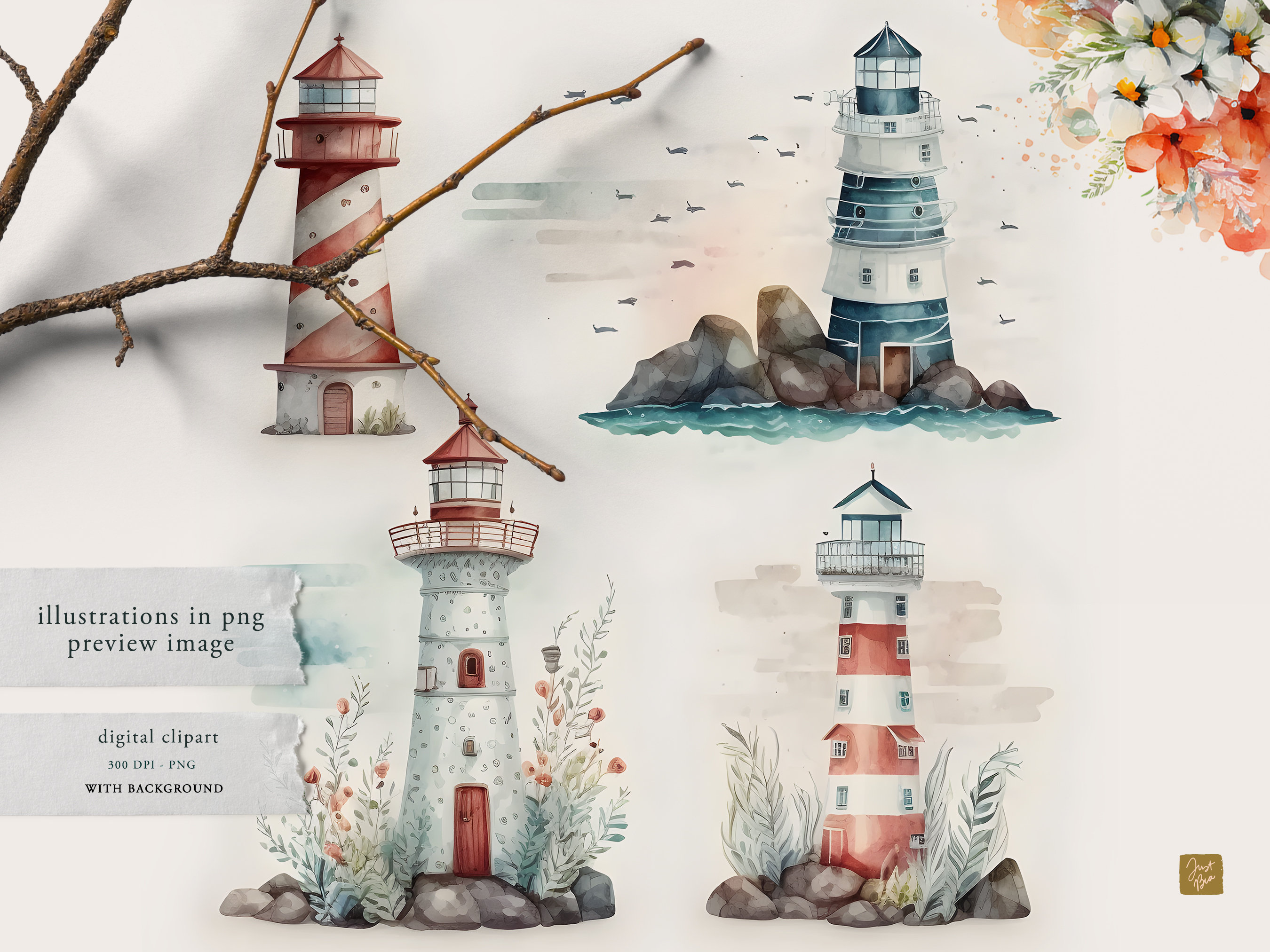 Lighthouses Clipart, Watercolor Lighthouses, Watercolor Bundle ...