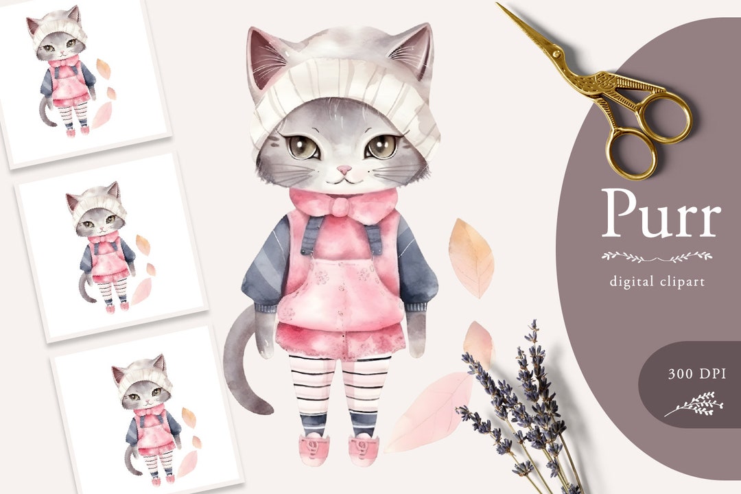 Cat Clipart, Watercolor Cat Clipart, Whimsical Cat Clipart, Whimsical ...