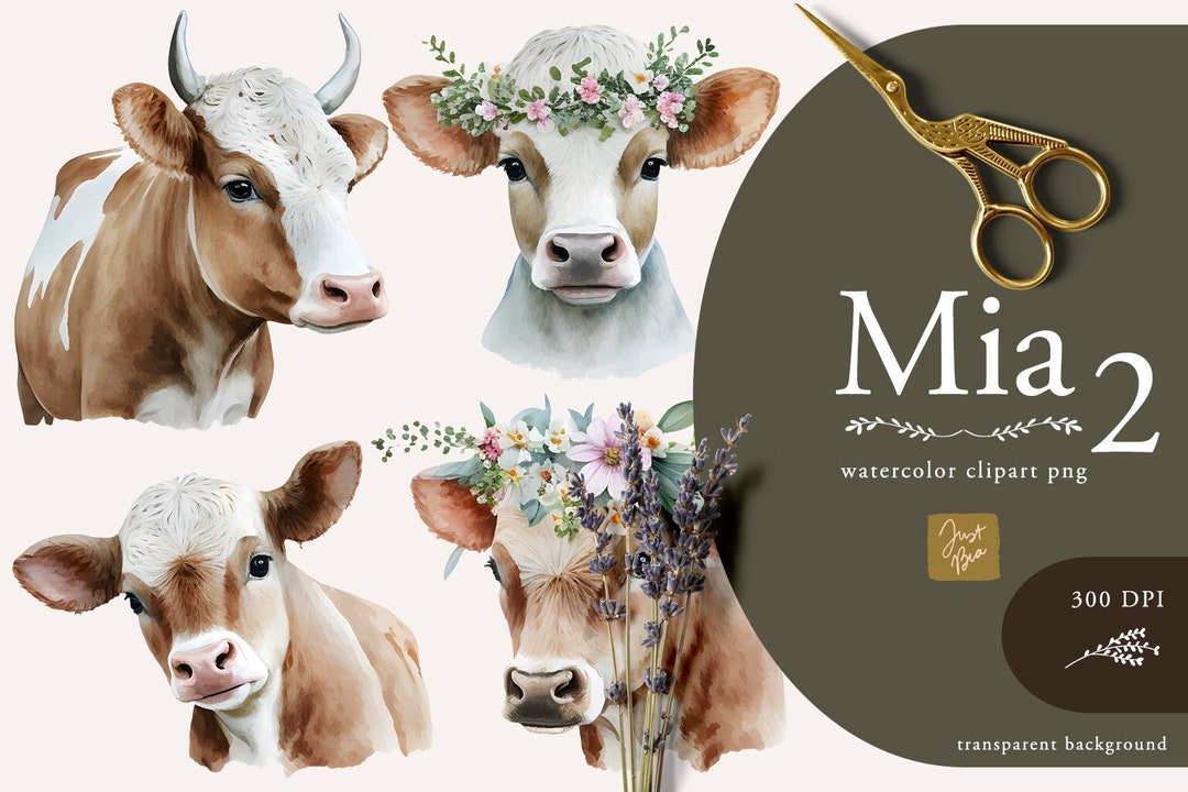 Cute Adorable Set of 4 Watercolor Cows Illustration, Watercolor Cute ...