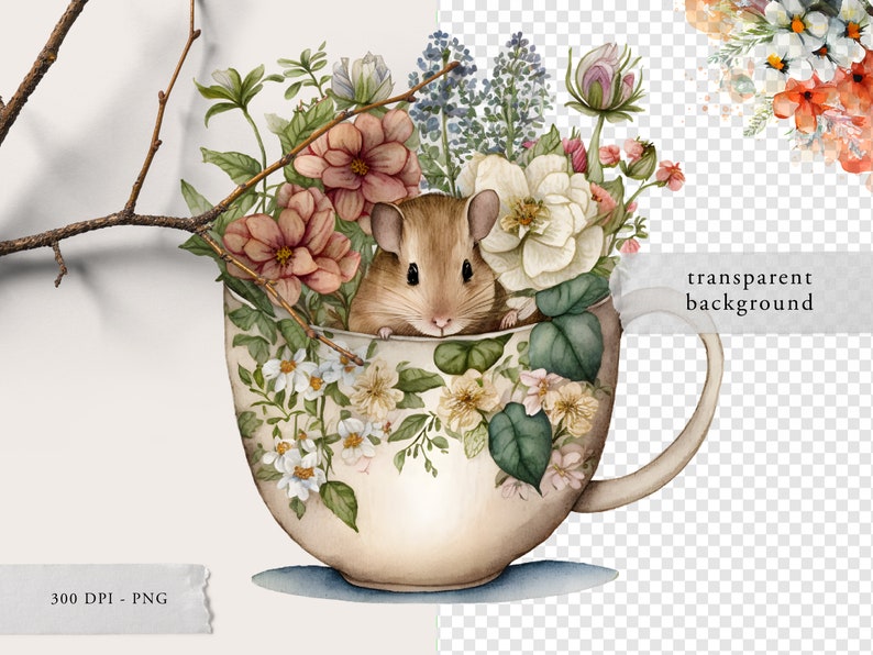 Mice Clipart, Mice in Tea Cups, Mice Whimsical Clipart Set Watercolor Mice Clipart, Adorable ...