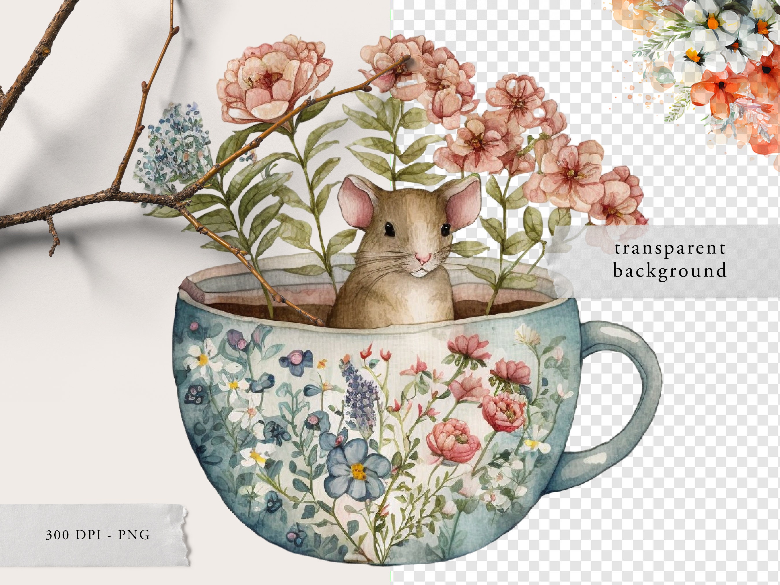 Mice Clipart, Mice in Tea Cups, Mice Whimsical Clipart Set Watercolor Mice Clipart, Adorable ...