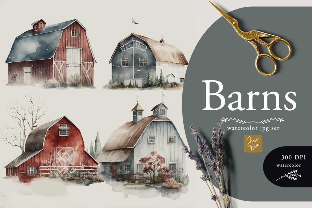 Whimsical Set of 40 Watercolor Barns Illustrations, Watercolor ...