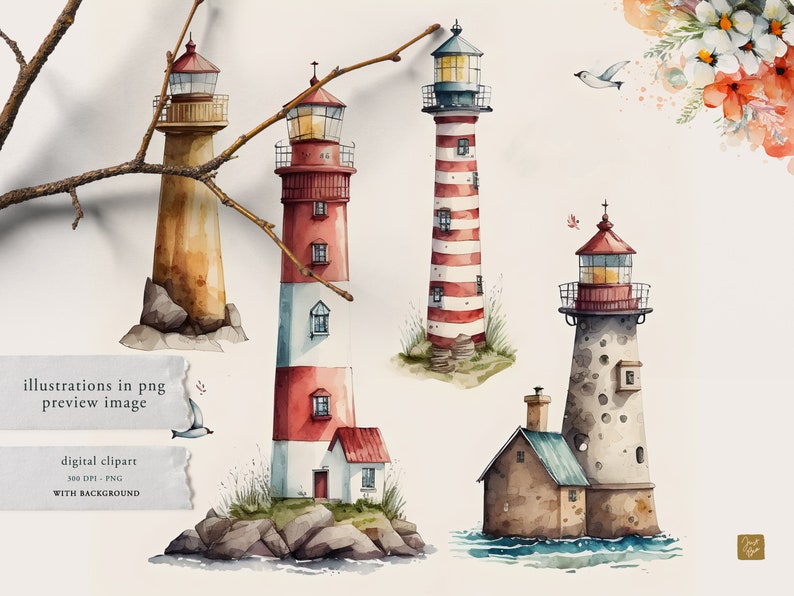 Lighthouses Clipart, Watercolor Lighthouses, Watercolor Bundle ...
