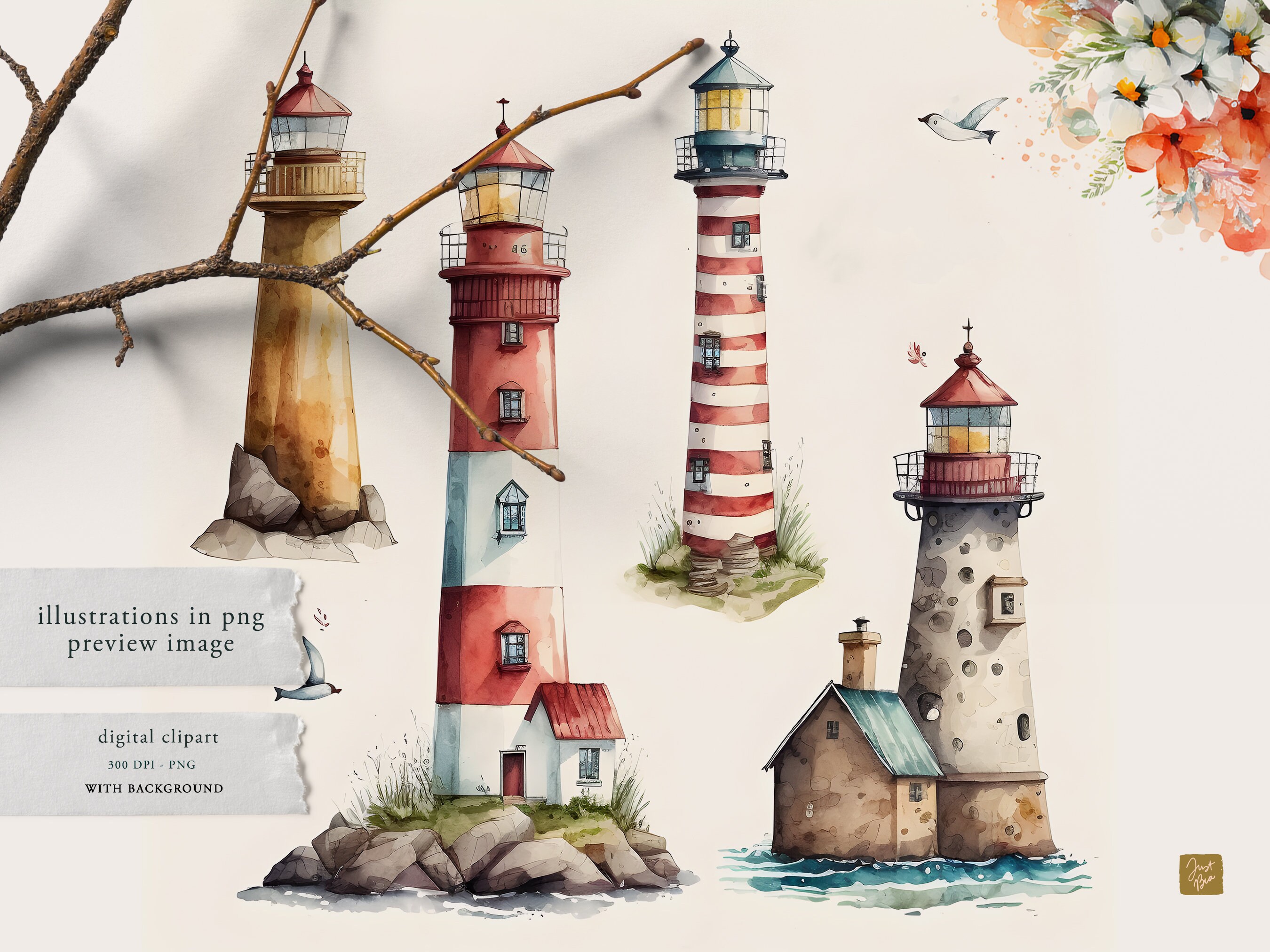 Lighthouses Clipart, Watercolor Lighthouses, Watercolor Bundle ...