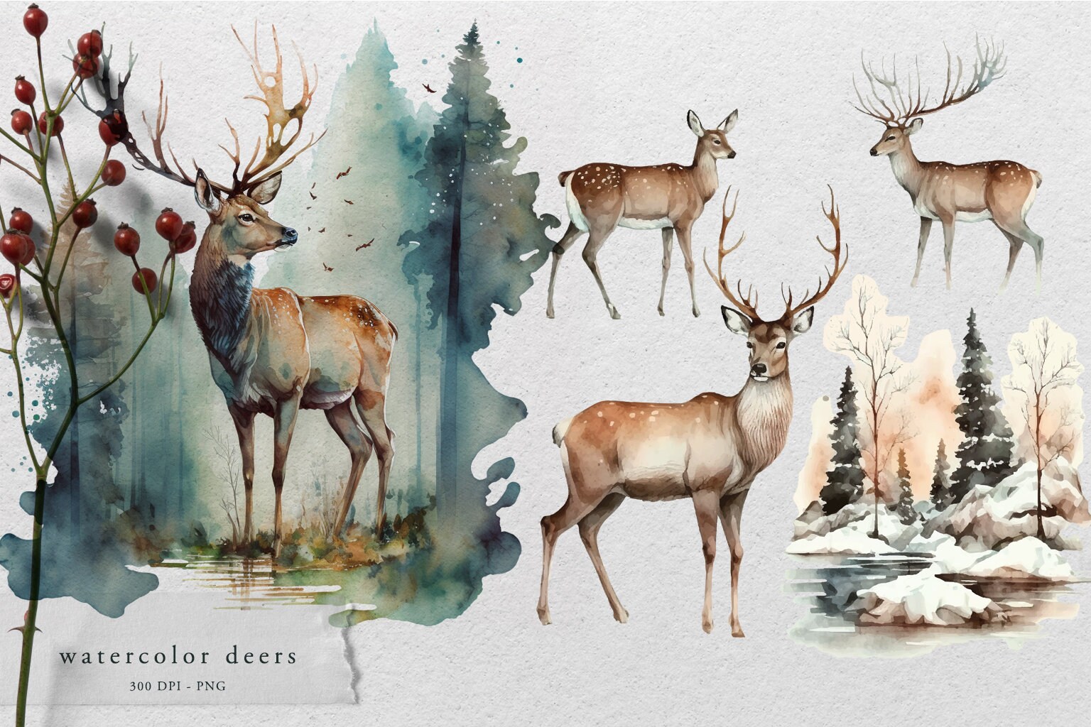 Deer Clipart Watercolor Clipart Set Watercolor Trees - Etsy