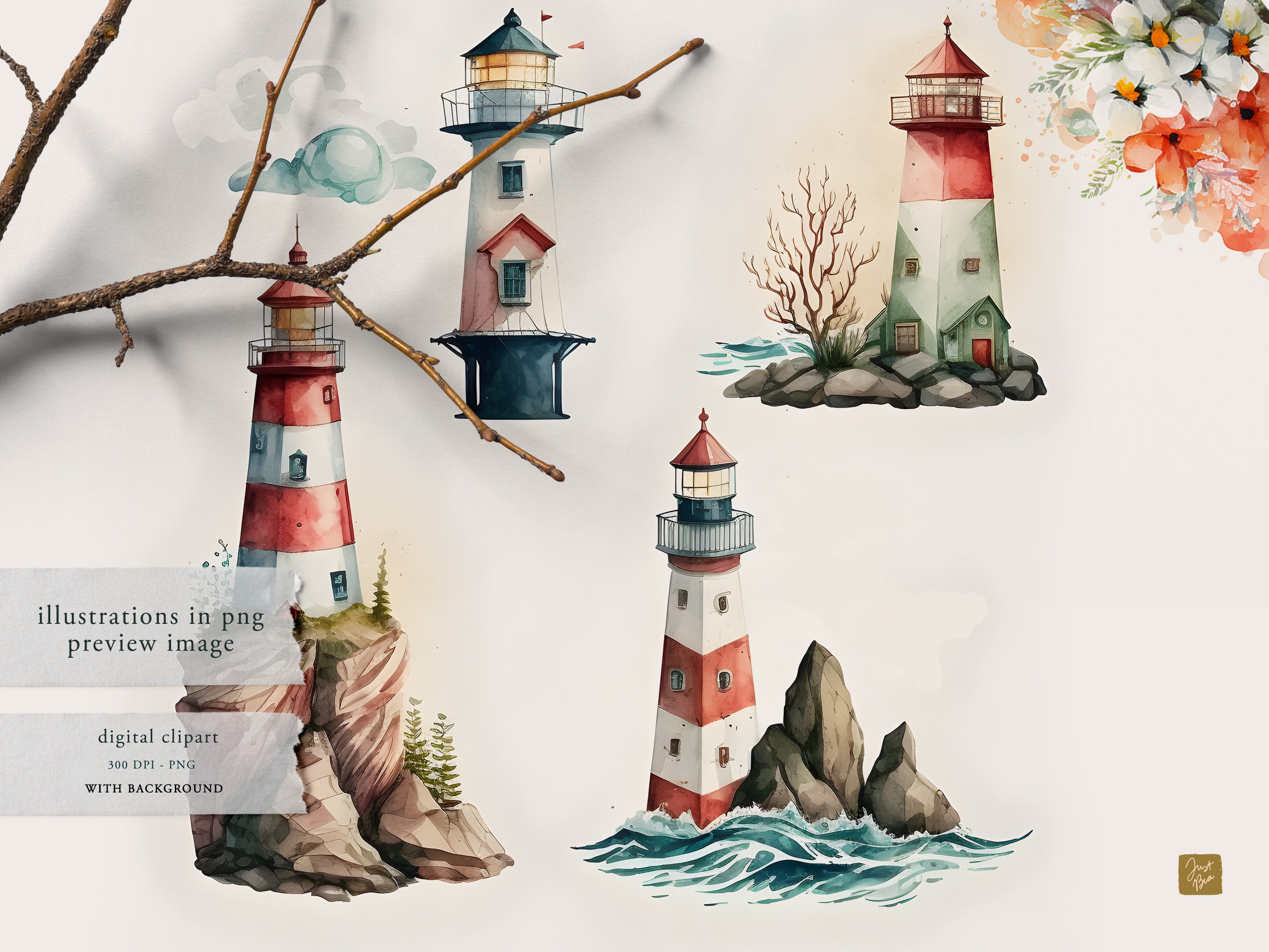 Lighthouses Clipart, Watercolor Lighthouses, Watercolor Bundle ...