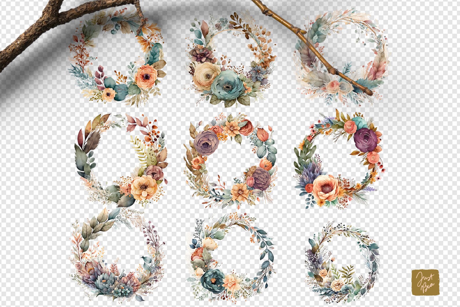 Boho Floral Wreath Clipart, Floral Wreath Clipart, Watercolor Floral ...