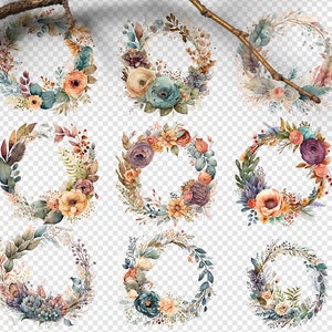 Boho Floral Wreath Clipart, Floral Wreath Clipart, Watercolor Floral ...