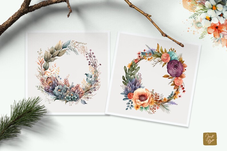 Boho Floral Wreath Clipart, Floral Wreath Clipart, Watercolor Floral ...