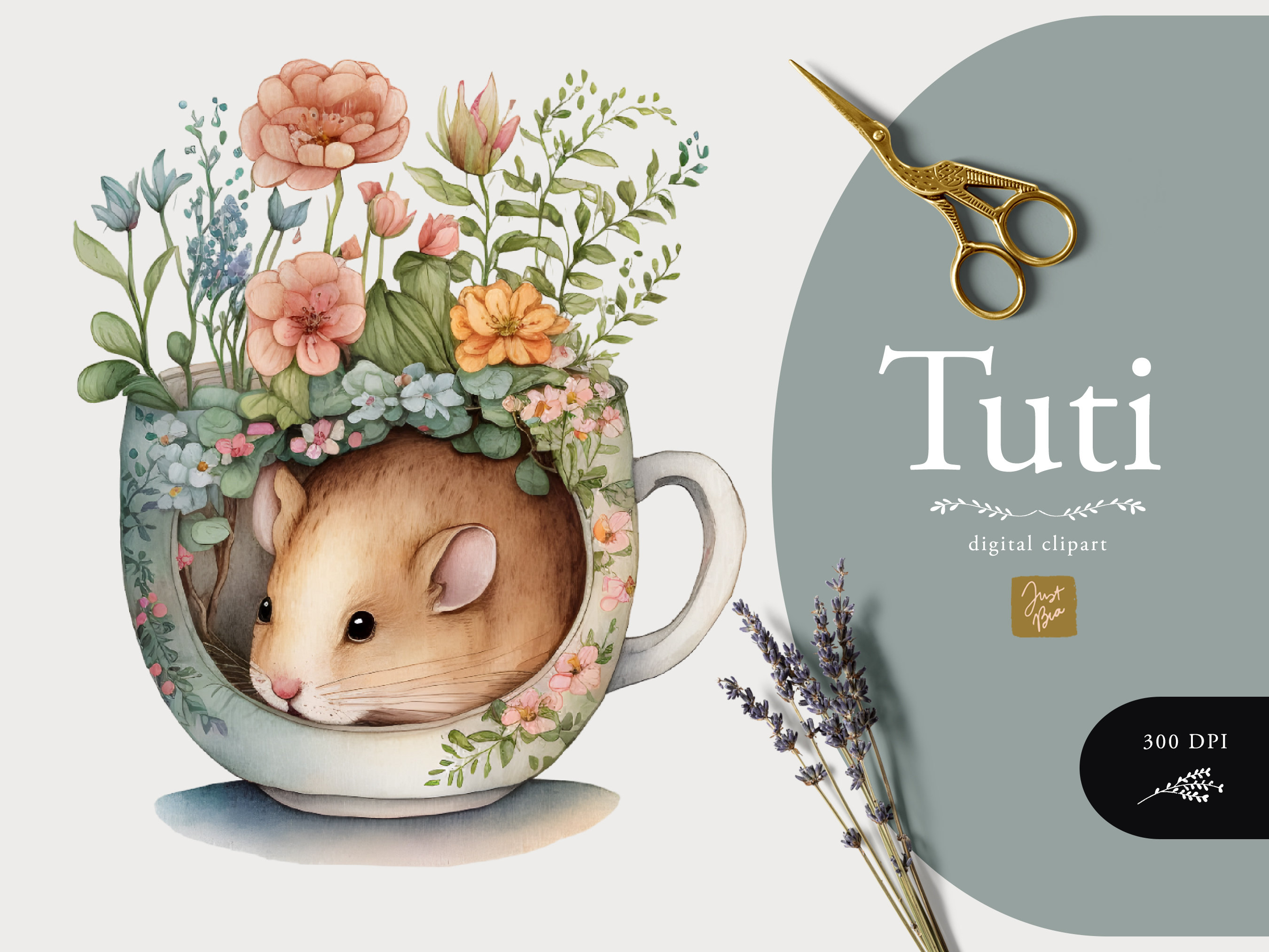 Mice Clipart, Mice in Tea Cups, Mice Whimsical Clipart Set - Watercolor ...