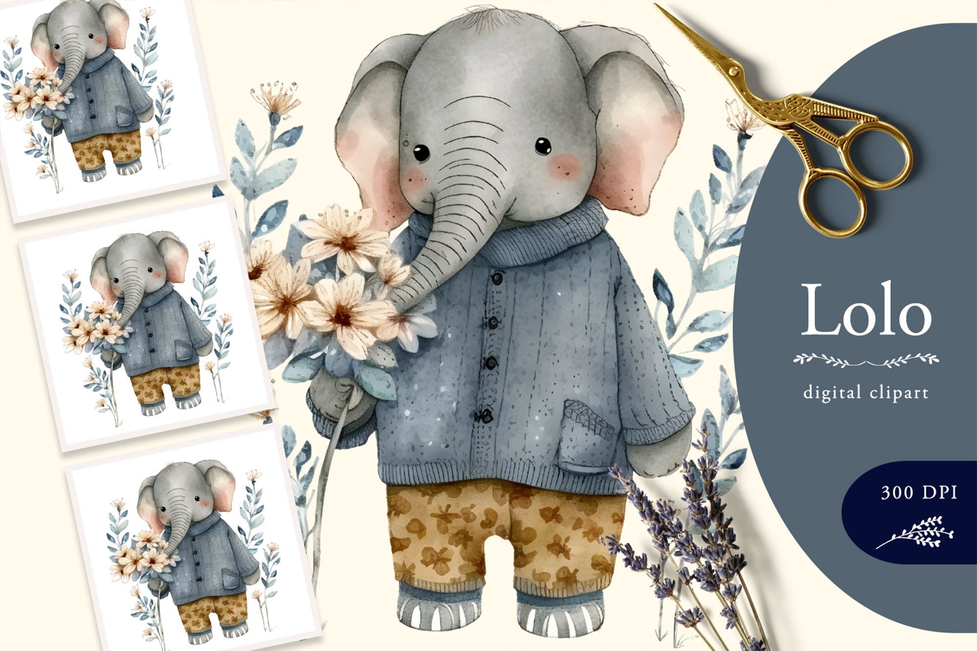 Elephant Clipart, Watercolor Elephant, Whimsical Elephant, Clipart for ...