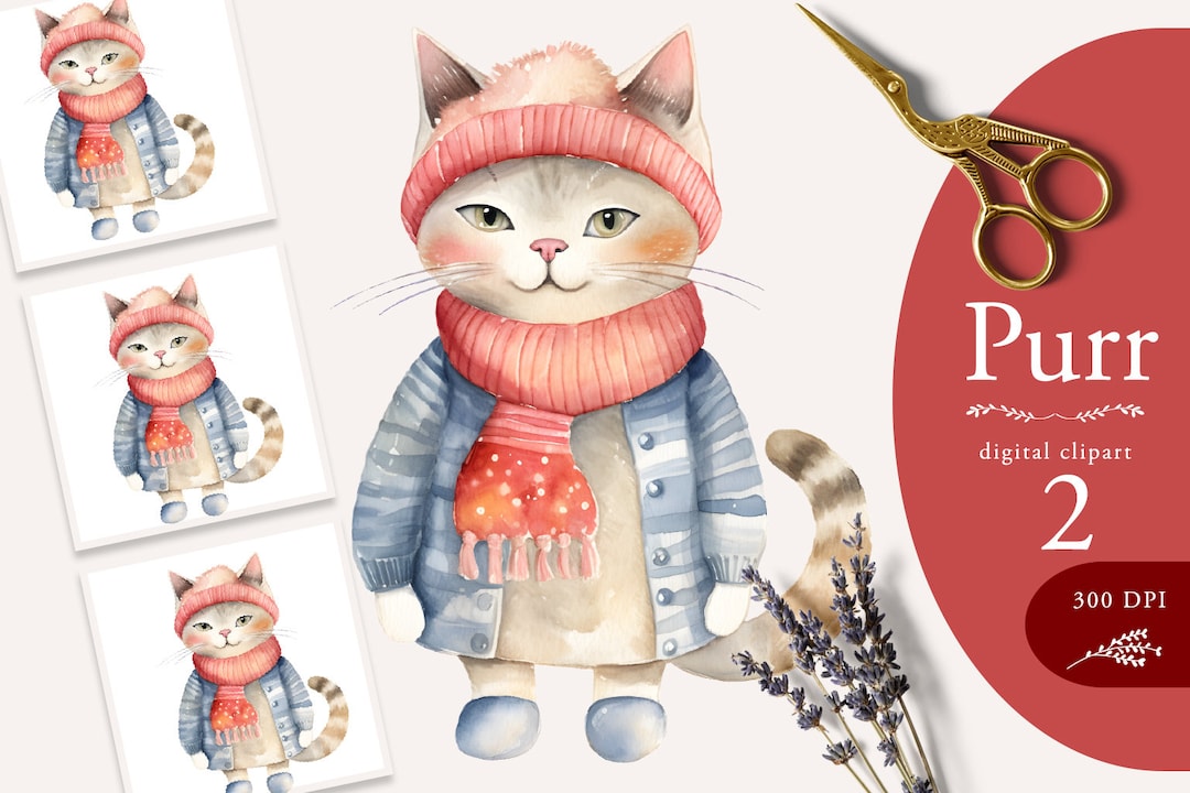Cat Clipart, Watercolor Cat Clipart, Whimsical Cat Clipart, Whimsical ...