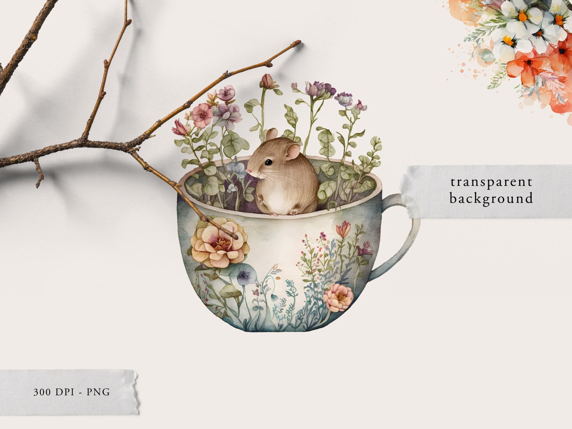 Mice Clipart, Mice in Tea Cups, Mice Whimsical Clipart Set Watercolor Mice Clipart, Adorable ...