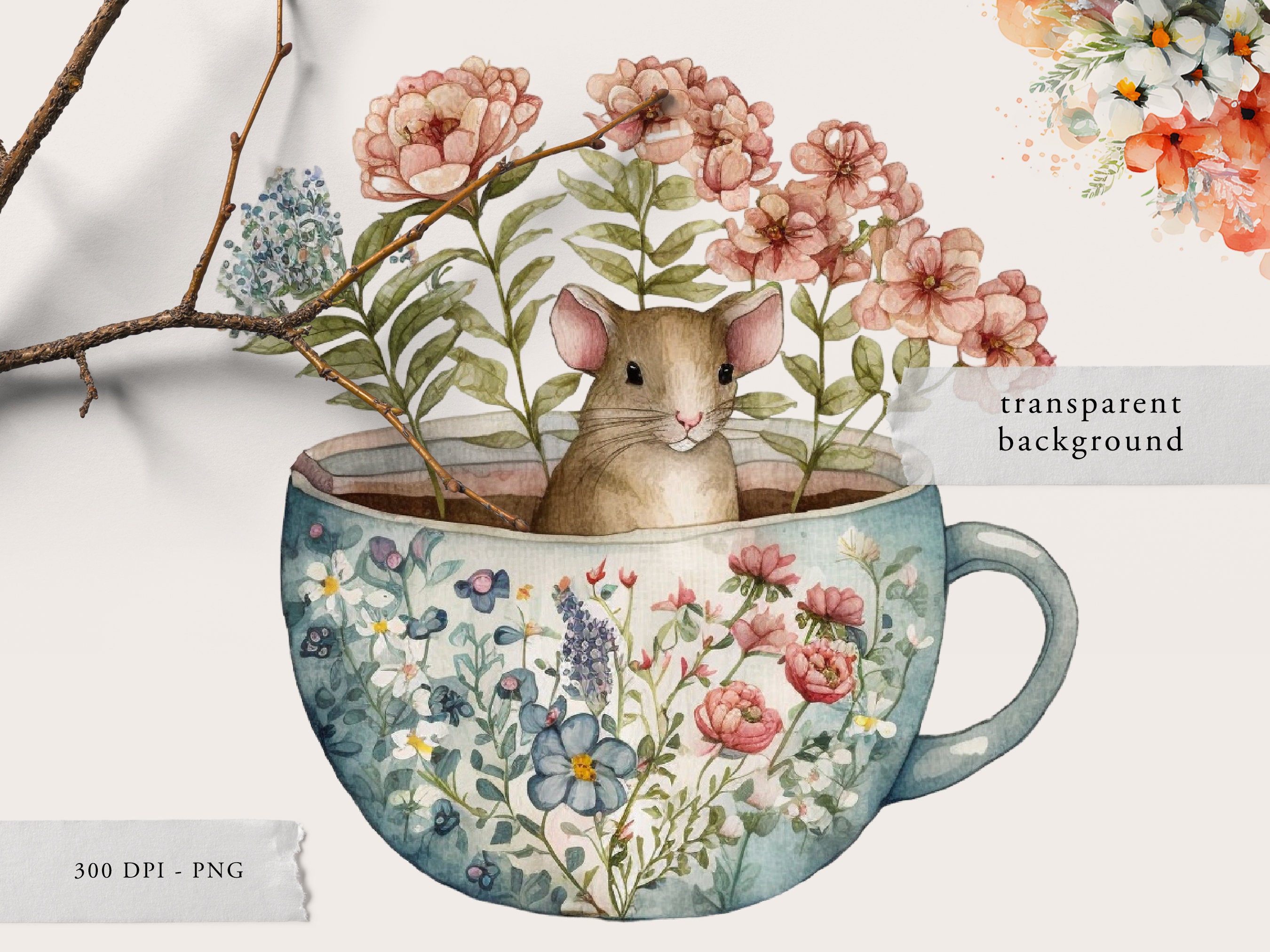 Mice Clipart, Mice in Tea Cups, Mice Whimsical Clipart Set Watercolor ...