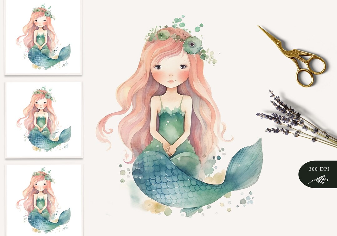 Watercolor Mermaid Clipart, Watercolor Mermaid, Watercolor Whimsical ...