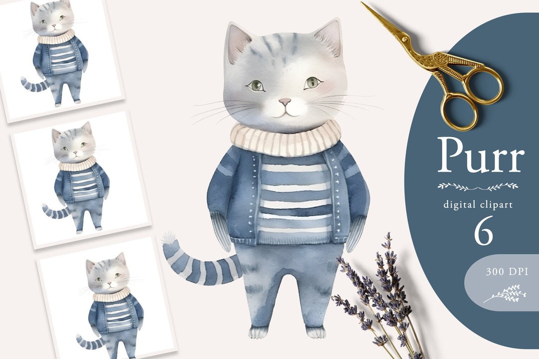 Cat Clipart, Watercolor Cat Clipart, Whimsical Cat Clipart, Whimsical ...