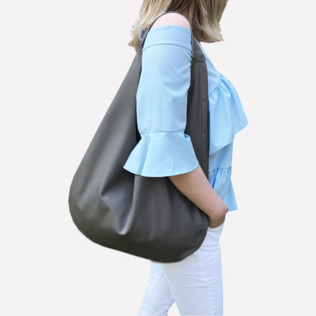 Leather Bag Grey Hobo Bag Oversized Leather Handbag Spring Summer Large ...
