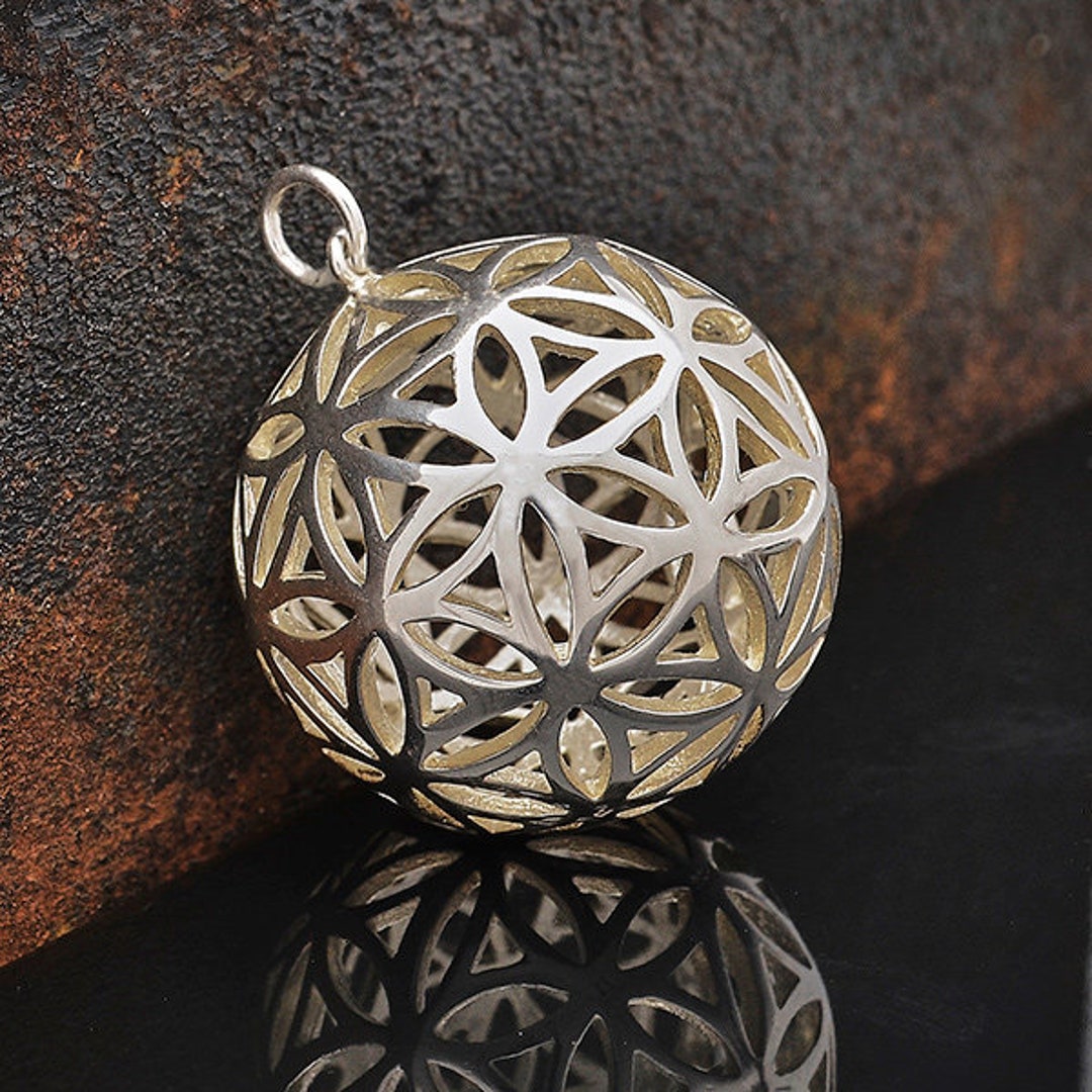 Sterling Silver Sphere - Flower of Life Sphere Pendant - 30x24. Boho ...
