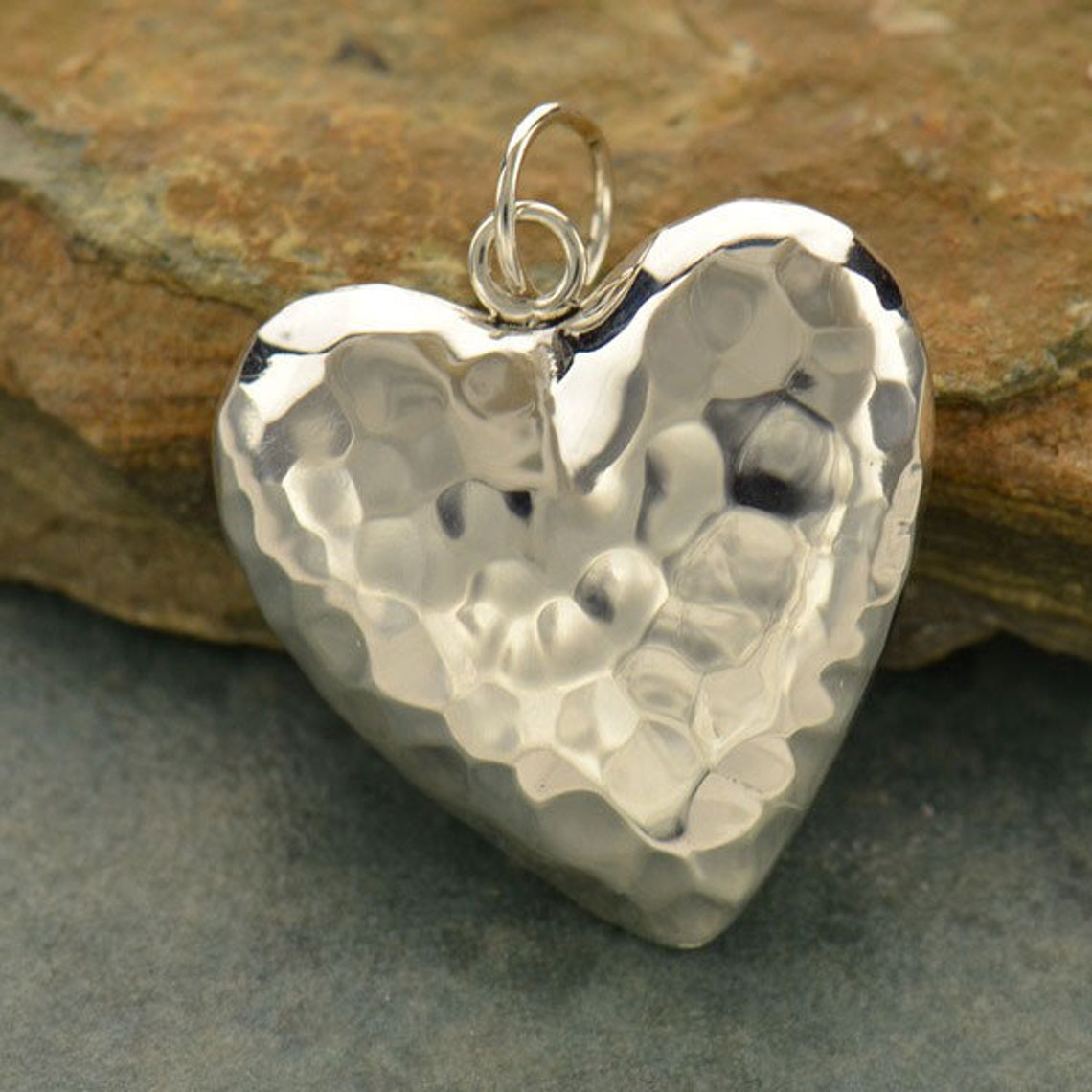 Sterling Silver Puffed Heart Charm - Hammered Heart, Valentines, Puffy ...