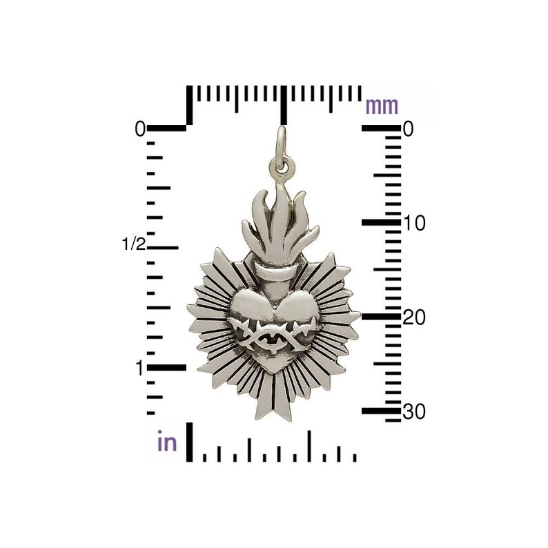 Large Sacred Heart - Sterling Silver Flaming Heart Pendant - Religious ...