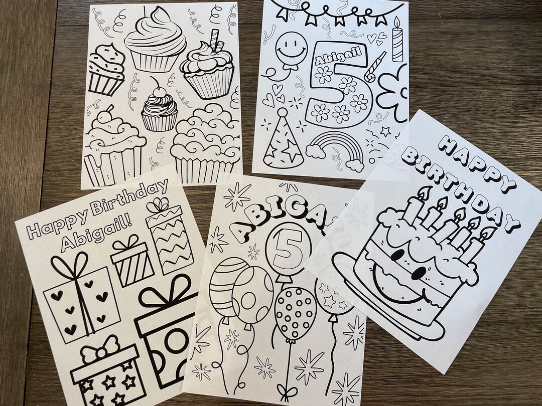 Customizable Birthday Coloring Sheets for Kids, Set of 5 Different ...