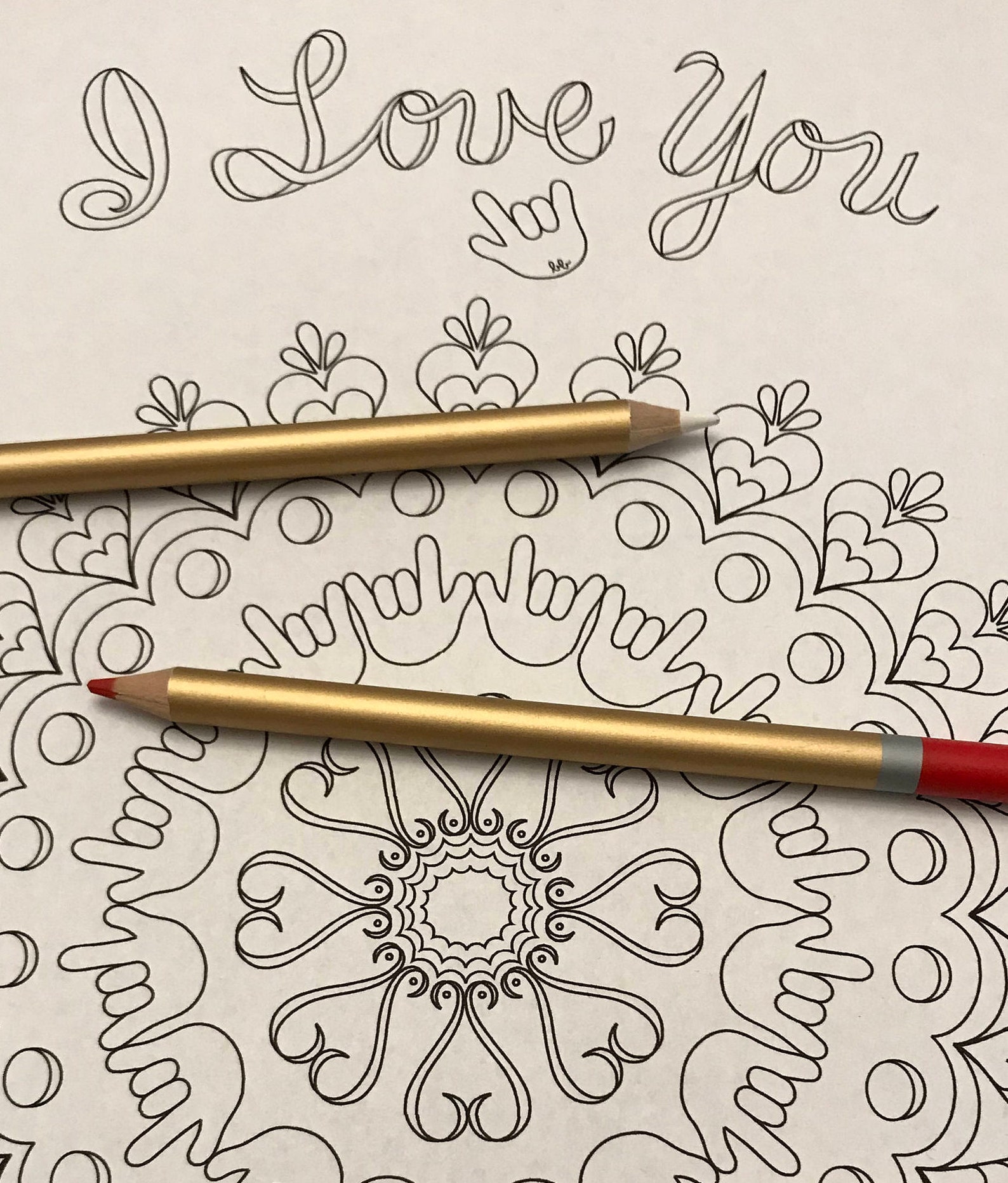 Coloring Page ASL Mandala “I Love You” Hand Signs and Hearts Printable ...