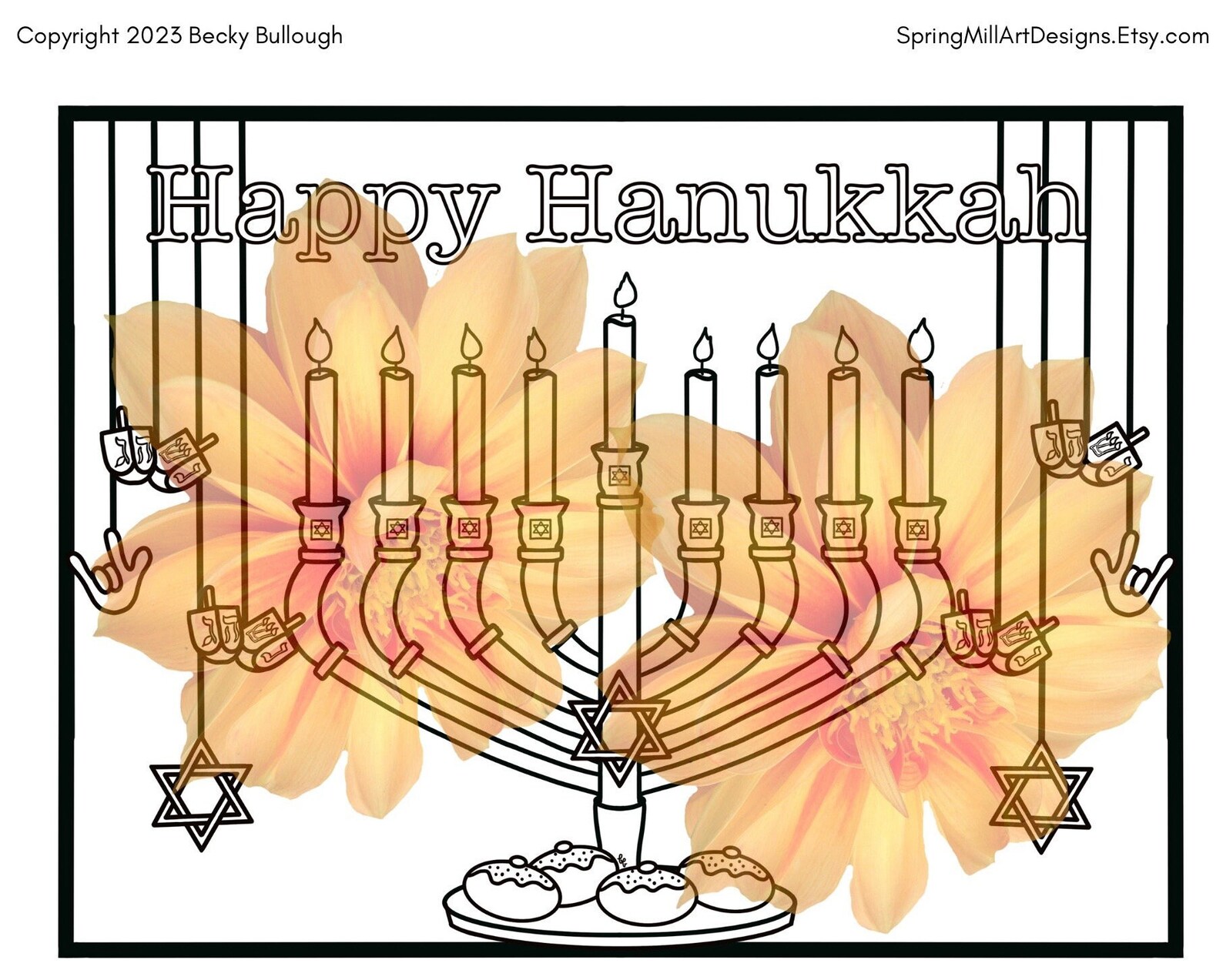ASL Happy Hanukkah Coloring Page to Printmenorah, Dreidel, Star of ...