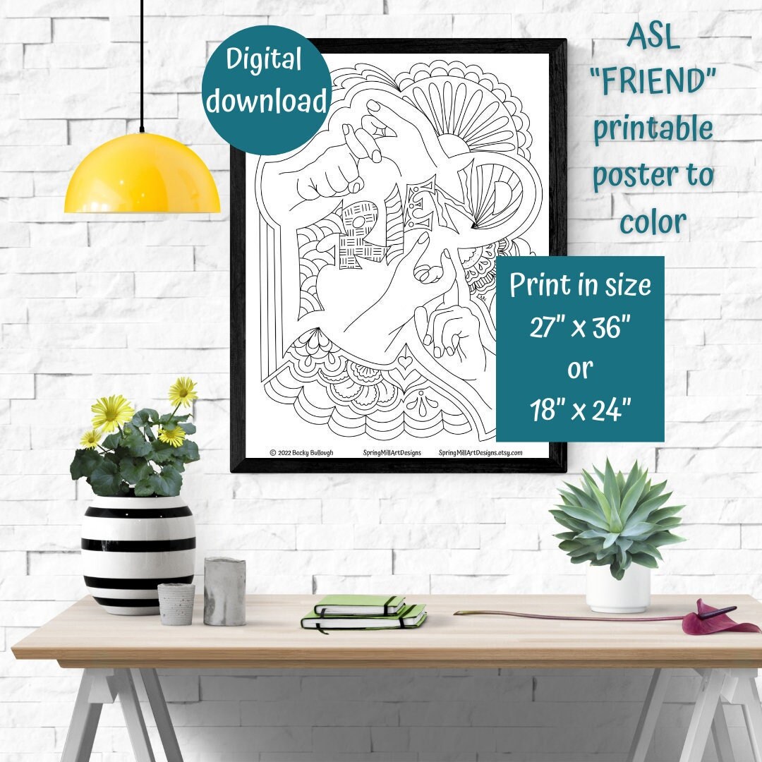 Coloring POSTER FRIEND in Sign Language. Printable ASL - Etsy