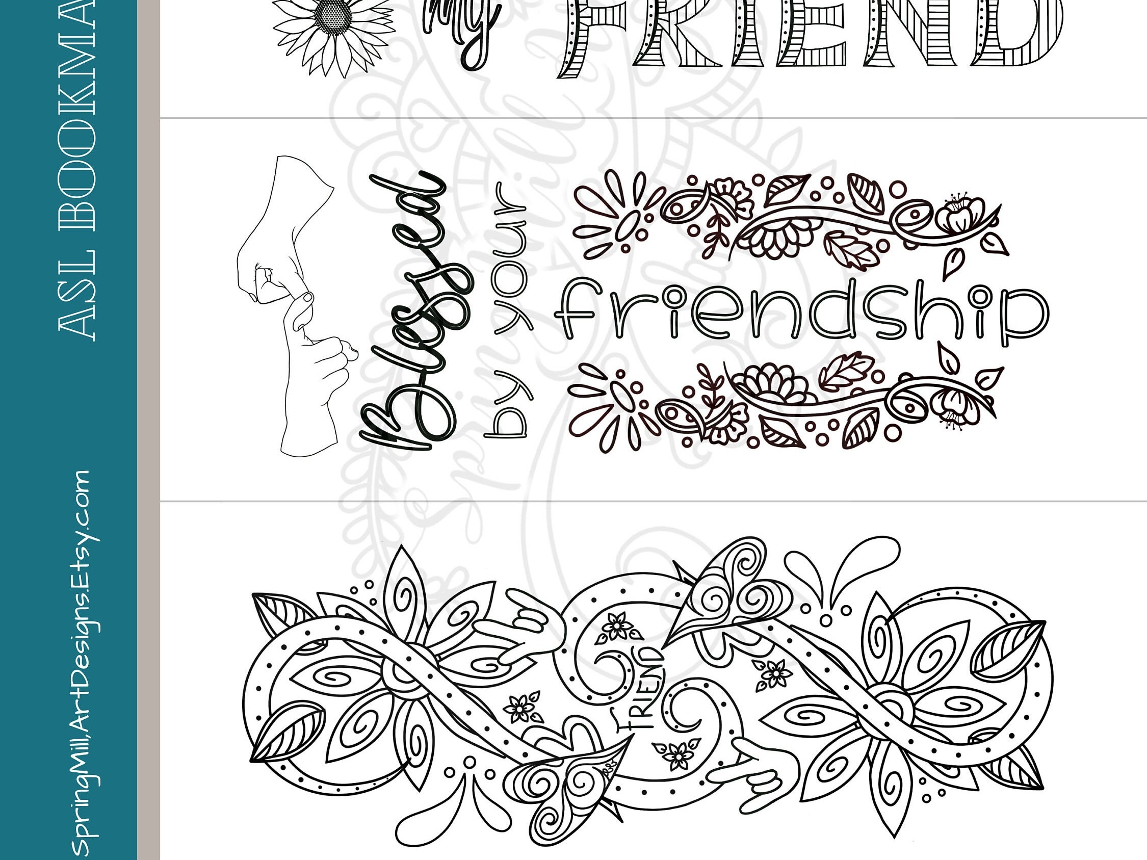 ASL Friend: 4 ASL Bookmarks to Color, Sign for “friend” and “I Love You ...