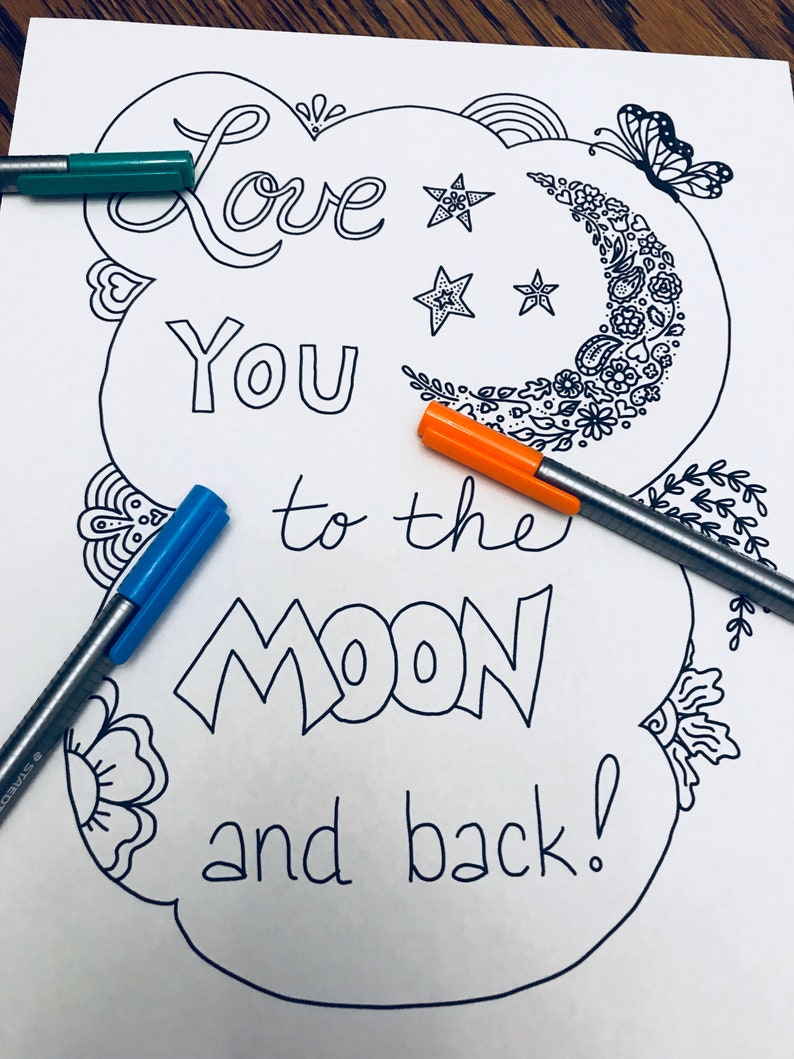 Coloring Page, Love You to the Moon and Back Hand-drawn, Hand ...