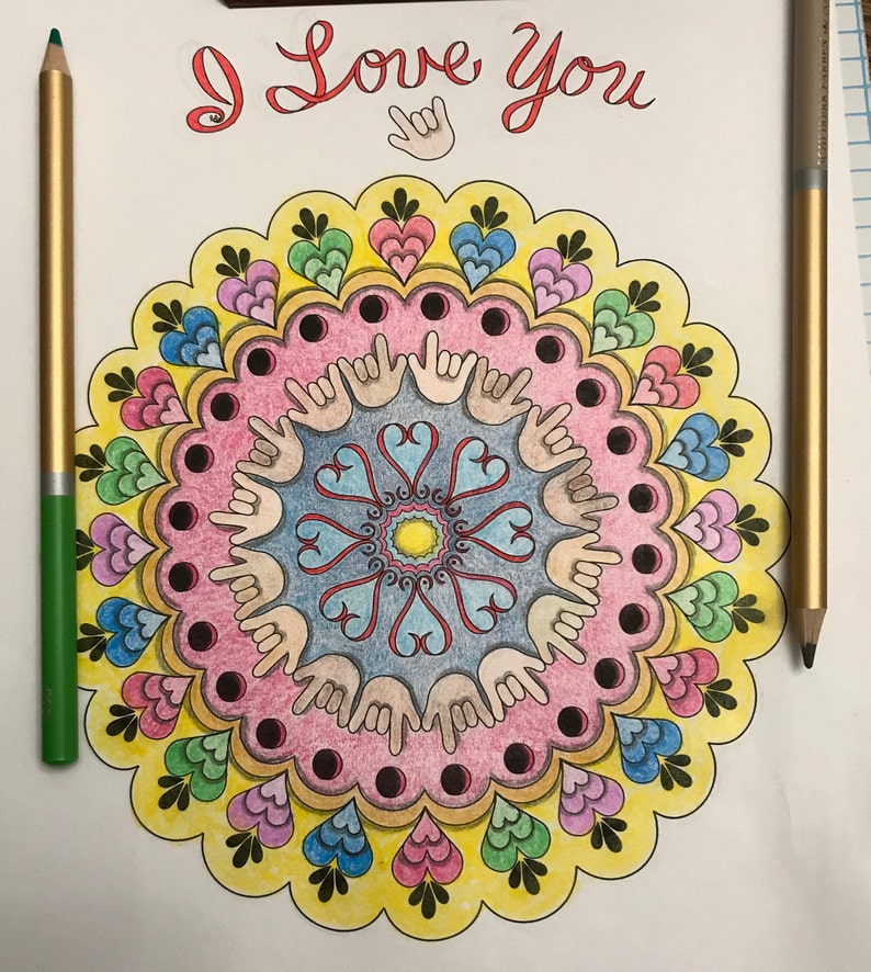 Coloring Page ASL Mandala “I Love You” Hand Signs and Hearts Printable ...