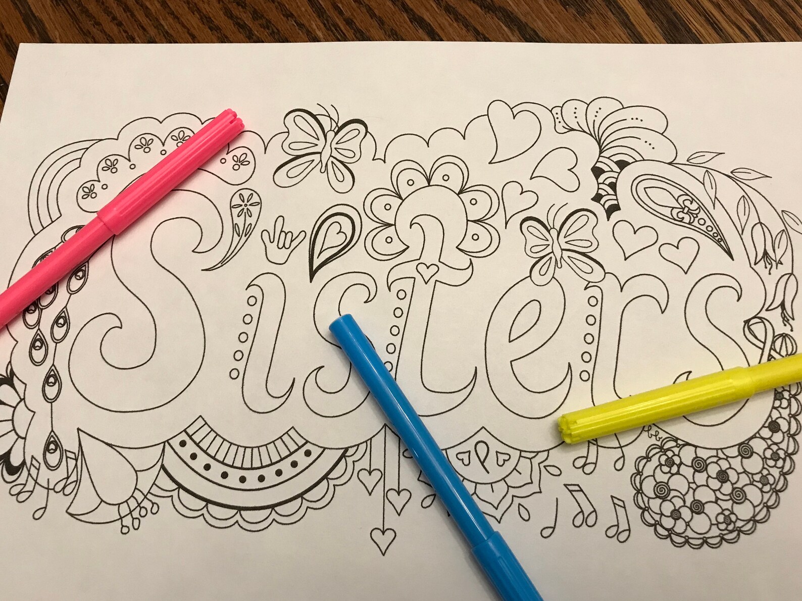 Coloring Page "sisters" With Flowers, Butterflies, Hearts, and ASL "i ...