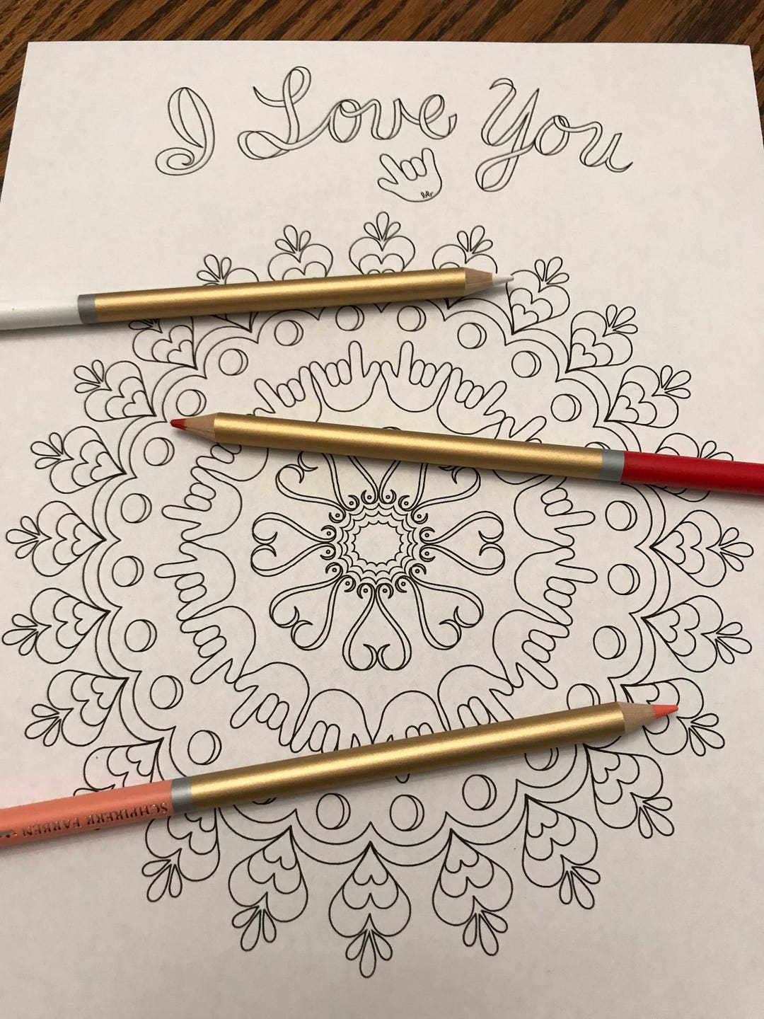 Coloring Page ASL Mandala “I Love You” Hand Signs and Hearts Printable ...