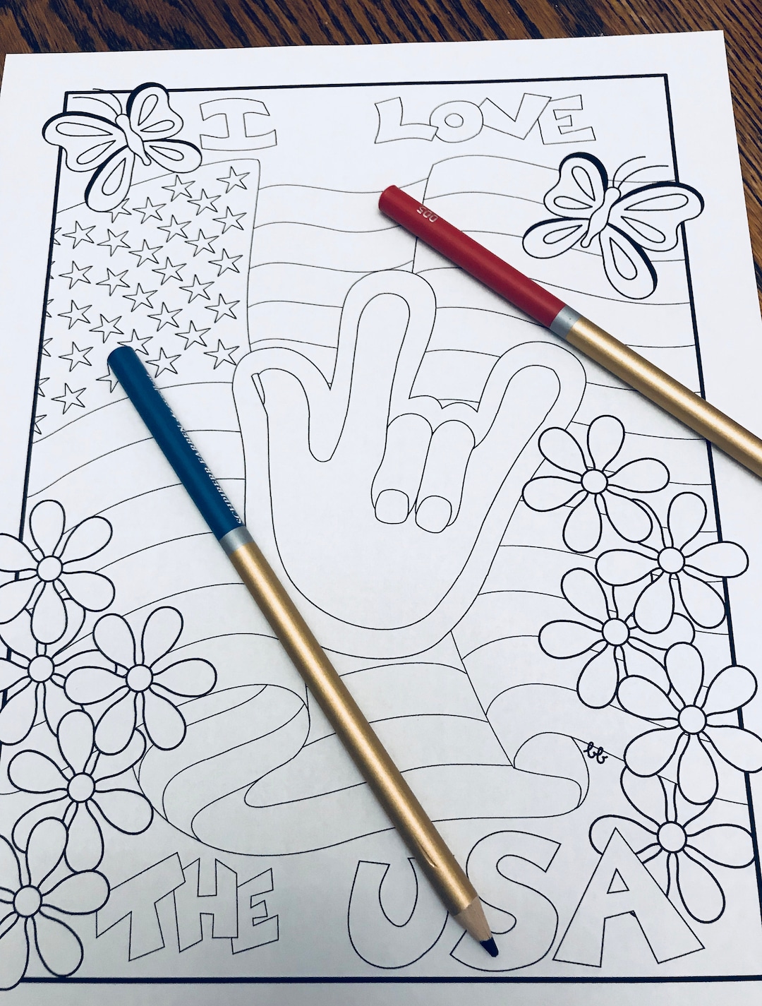 Coloring Page - I Love the USA Flag, ASL "i Love You," Flowers and ...