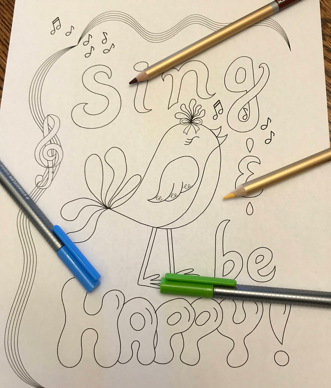 Coloring Page Sing and Be Happy With a Cute Bird, Hand-drawn, Hand ...
