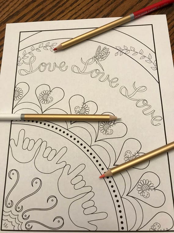 Coloring Page Love ASL Pattern Doodle Printable With Hearts a | Etsy