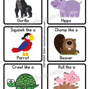 Animal Movement Action Cards, Brain Breaks, Preschool, Kindergarten ...