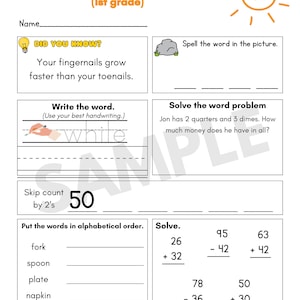 Summer Review 1st Grade Going to 2nd Grade, Math, Phonics, Literacy ...
