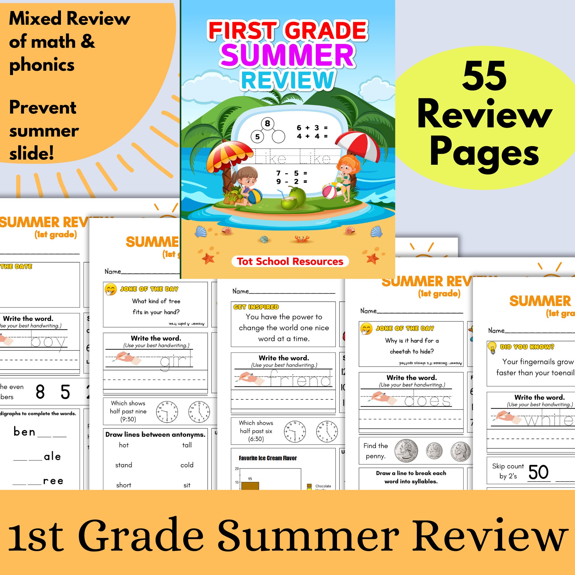 Summer Review 1st Grade Going to 2nd Grade, Math, Phonics, Literacy ...