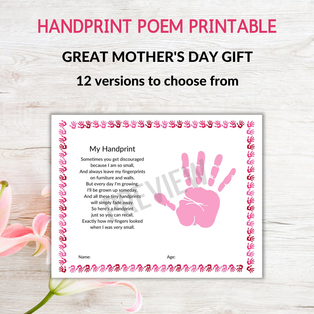 Handprint Poem Printable - Mother's Day Gift - Pink/red Version - Etsy