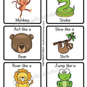 Animal Movement Action Cards, Brain Breaks, Preschool, Kindergarten ...