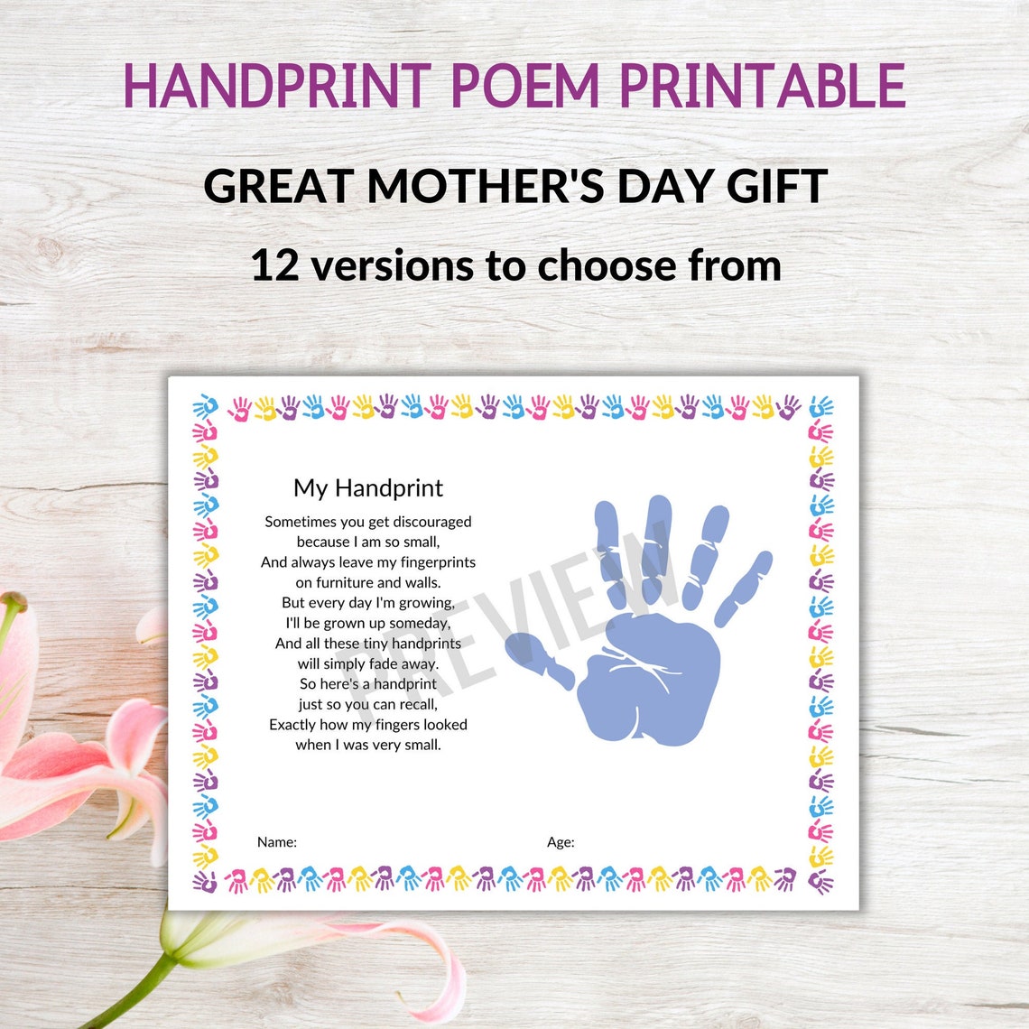Handprint Poem Printable Mother's Day Gift Preschool - Etsy UK
