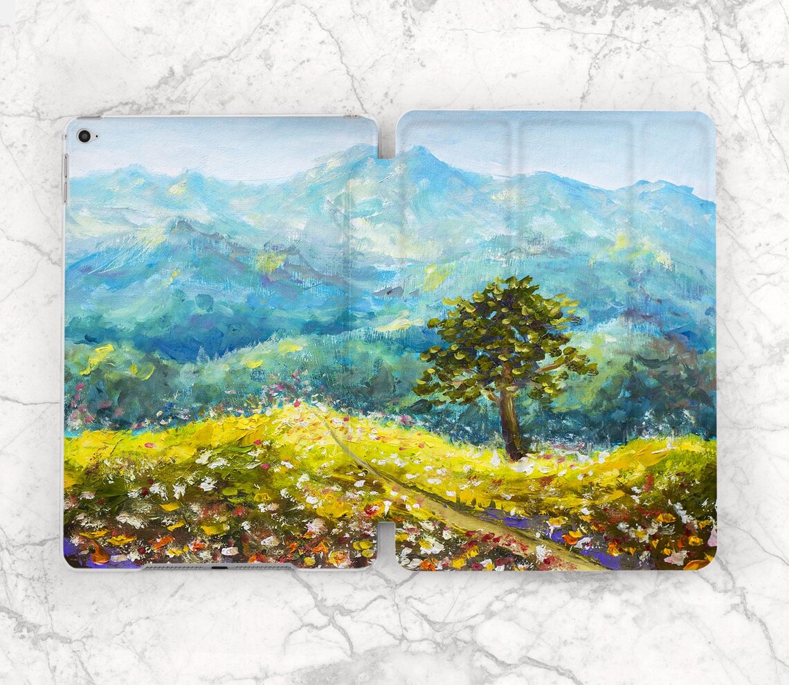 Summer Mountain iPad Case Nature Tree Blue Sky Wild Flowers Oil Paints ...