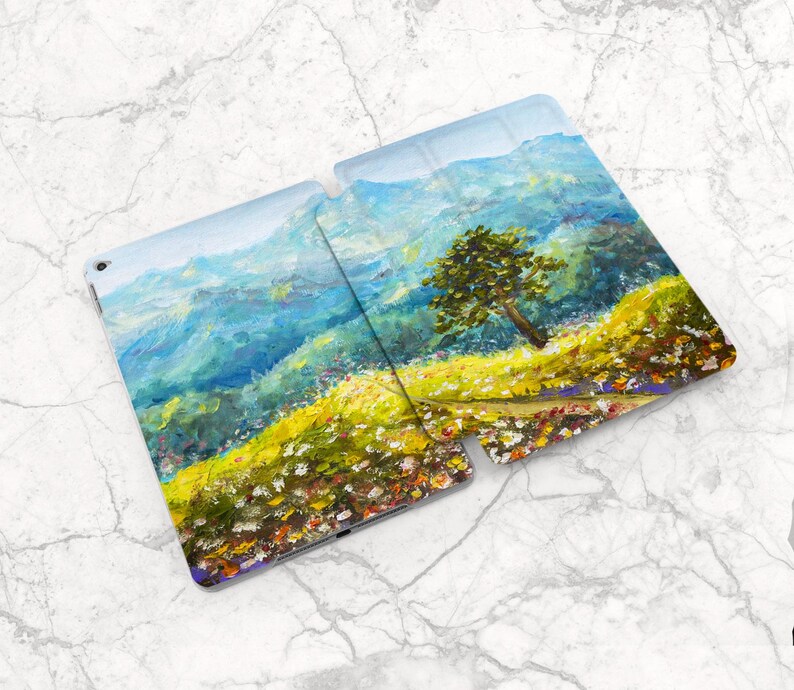 Summer Mountain iPad Case Nature Tree Blue Sky Wild Flowers Oil Paints ...