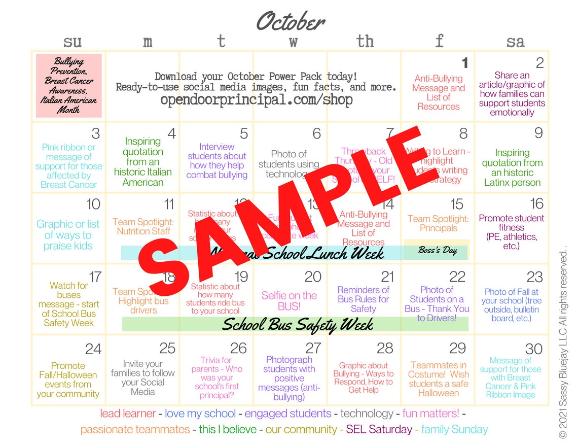 Principal's Social Media Calendar - 1 Year of Prompts, Celebrations ...