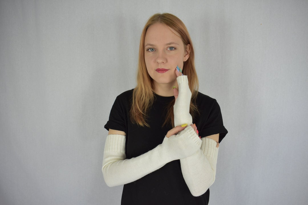 Knitted Alpaca Long Arm Warmers for Women Wool Fingerless Gloves Extra ...