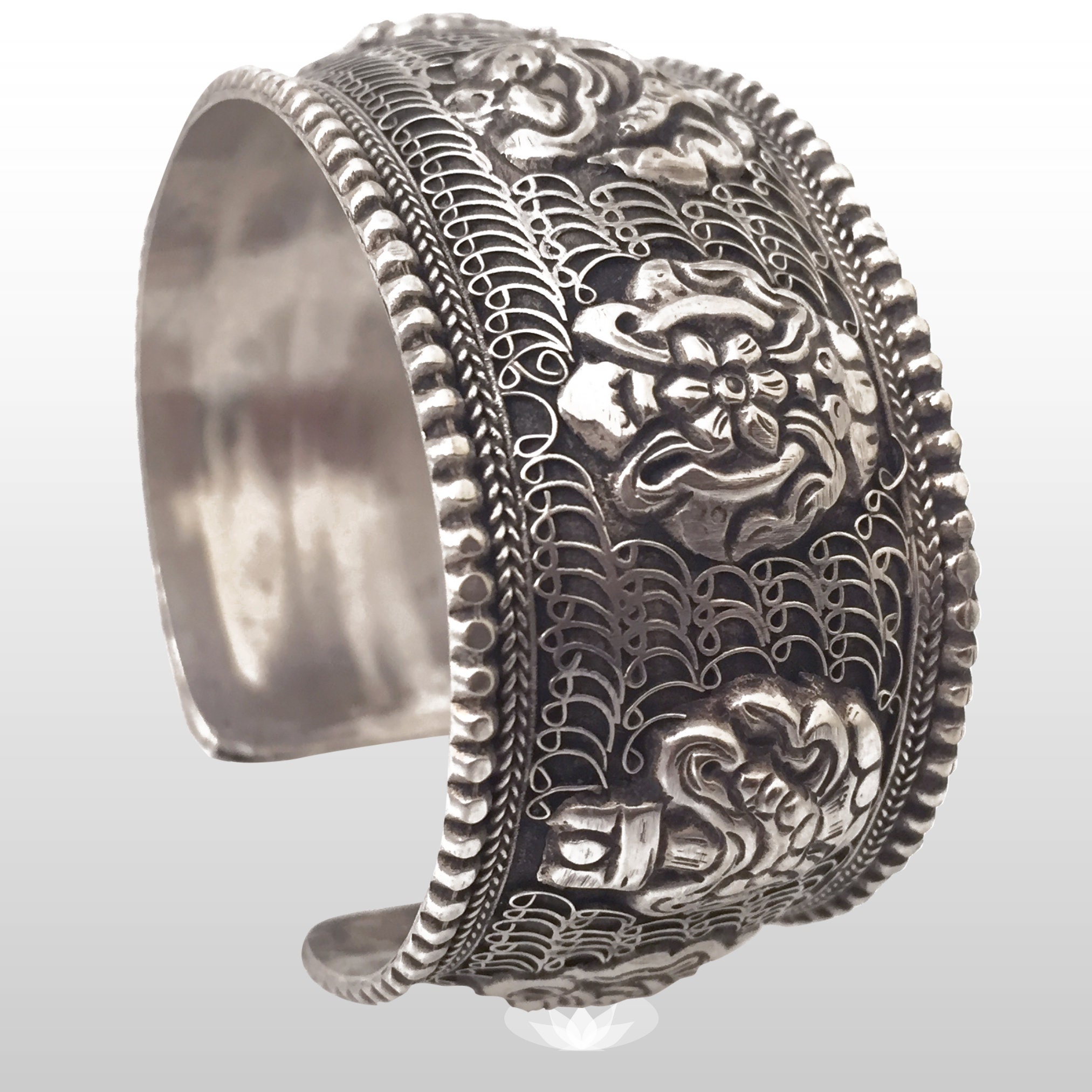 Eight Auspicious Symbols Wide Cuff | Silver Tibetan Amulet Buddhist ...
