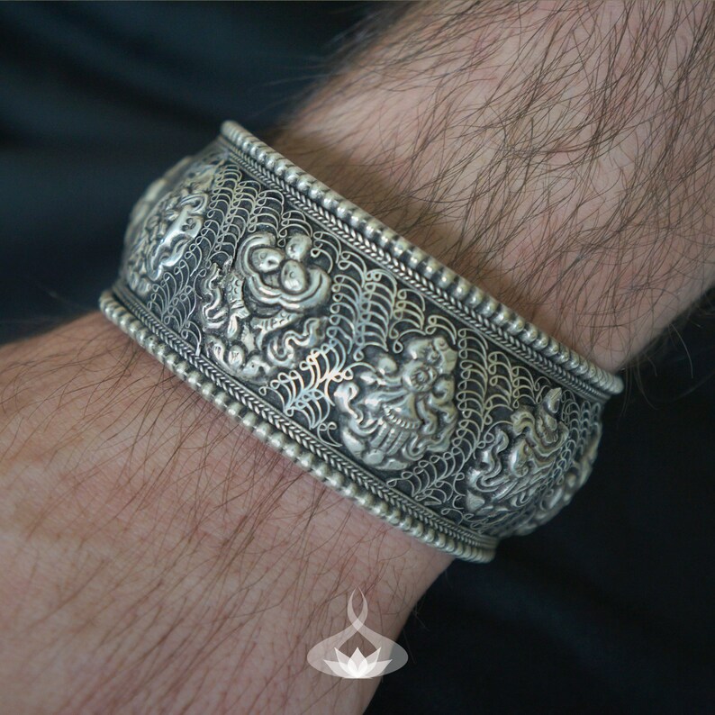 Eight Auspicious Symbols Wide Cuff | Silver Tibetan Amulet Buddhist ...