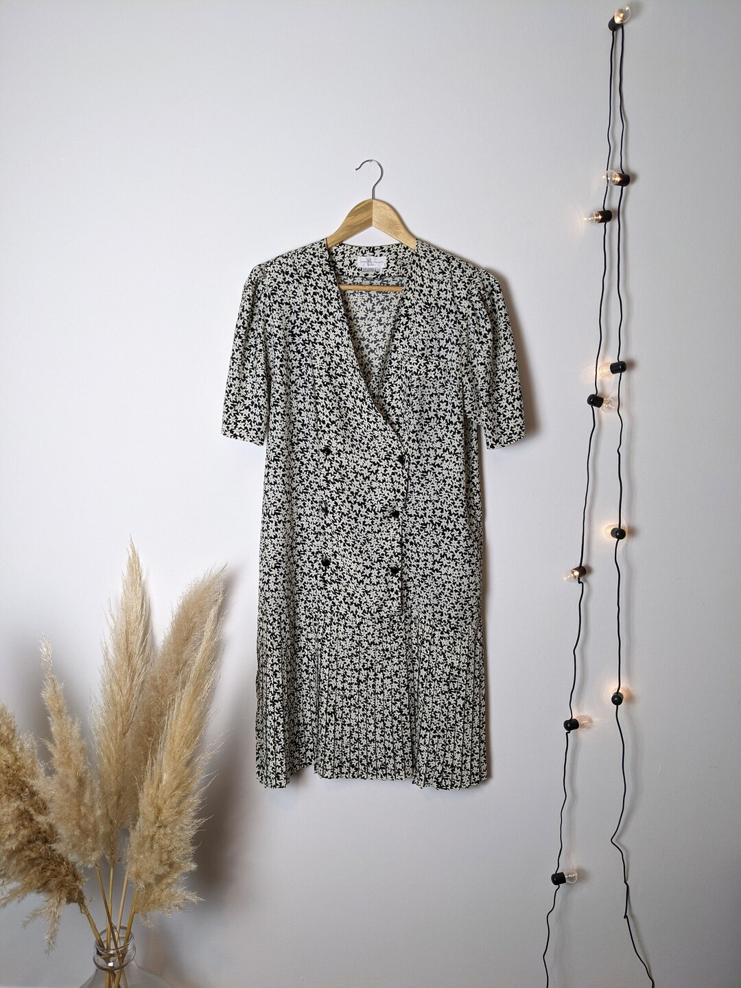 Vintage Monochrome Pleated Dress L - Etsy UK