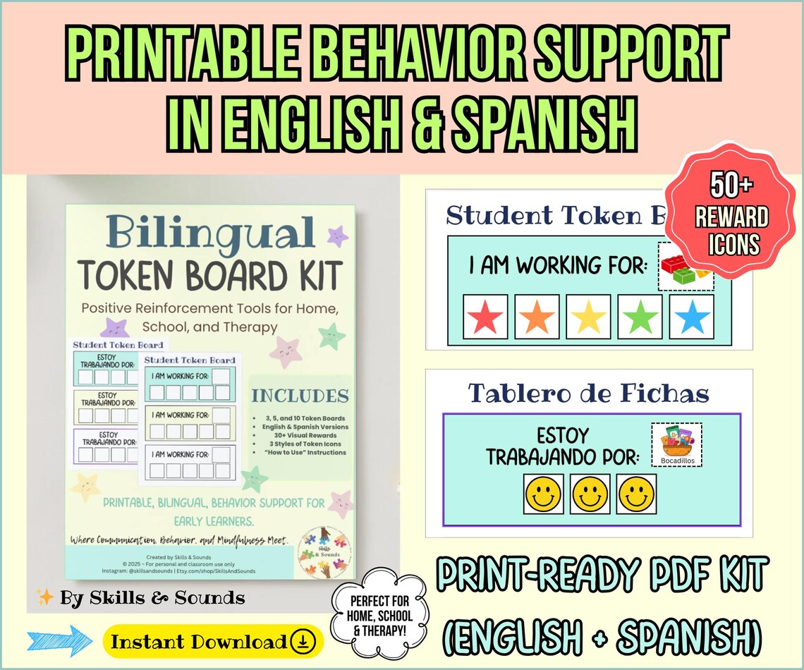 Bilingual Token Board for Kids | Printable ABA Behavior Chart | Speech ...